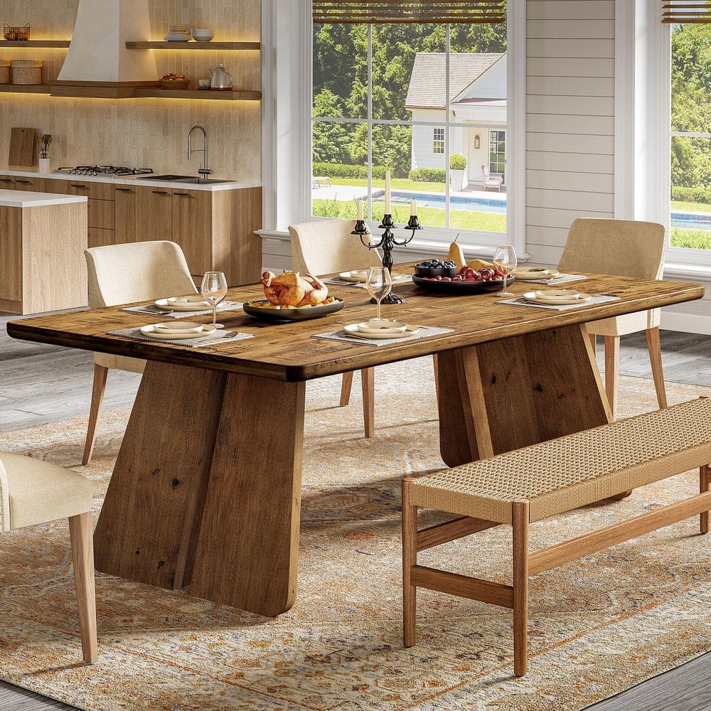 BYBLIGHT Roesler Brown Solid Wood 63 in. Pedestal Base Farmhouse Dining ...