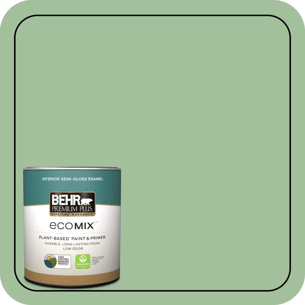 BEHR PREMIUM PLUS 1 qt. #BIC-25 Spring Sprig Semi-Gloss Enamel EcoMix Plant-Based Interior Paint ...