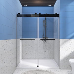 60 in. W x 76 in. H Sliding Frameless Double Shower Door in Matte Black with Tampered Glass ...
