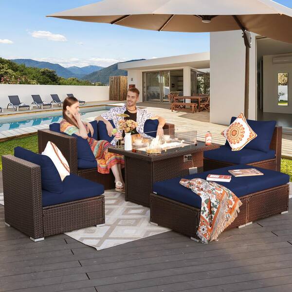 FINCATI Luxury 7 Pieces Espresso Wicker Patio Fire Pit Coversation ...