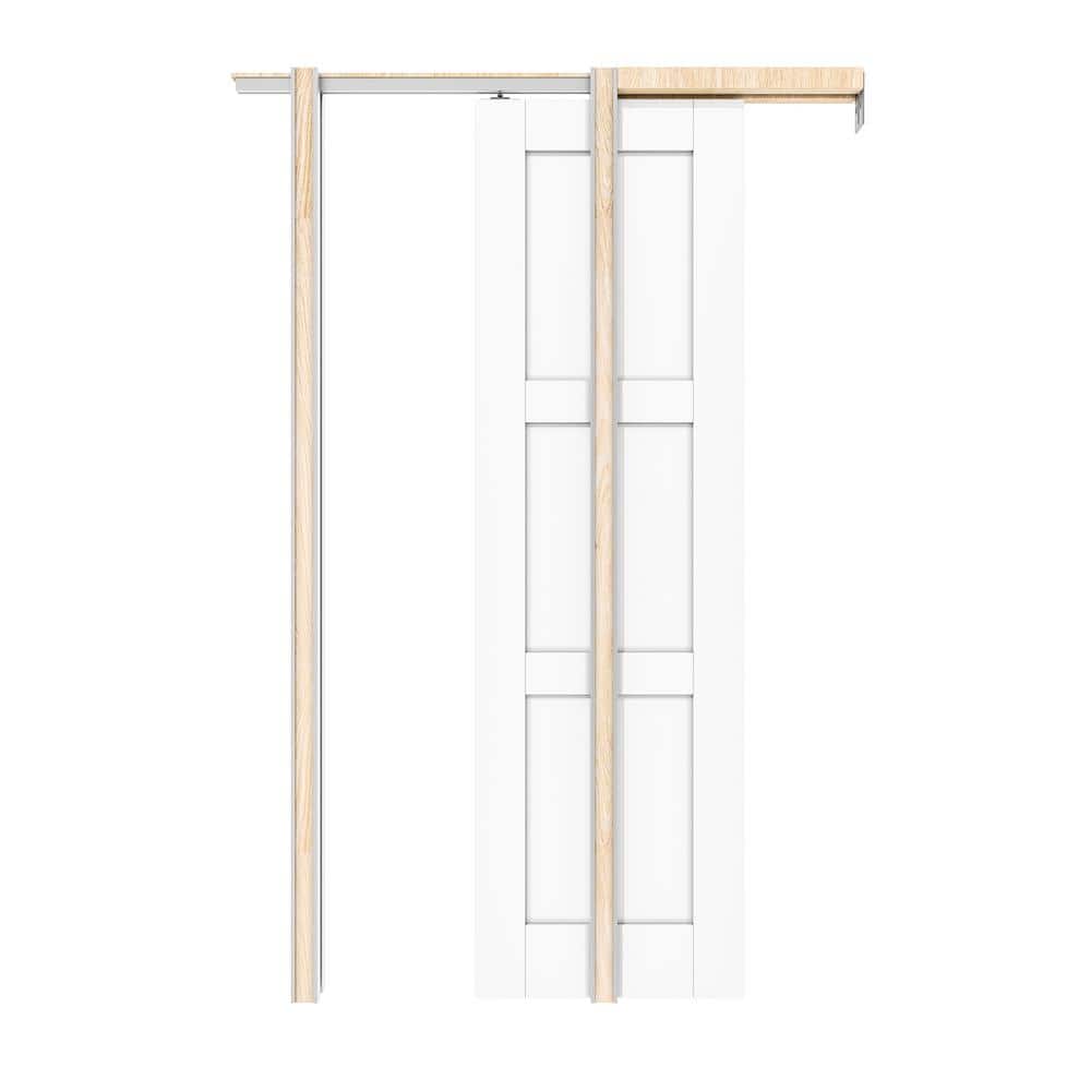 ARK DESIGN 24 in. x 80 in. Paneled 3-Lite White Primed MDF Pocket ...