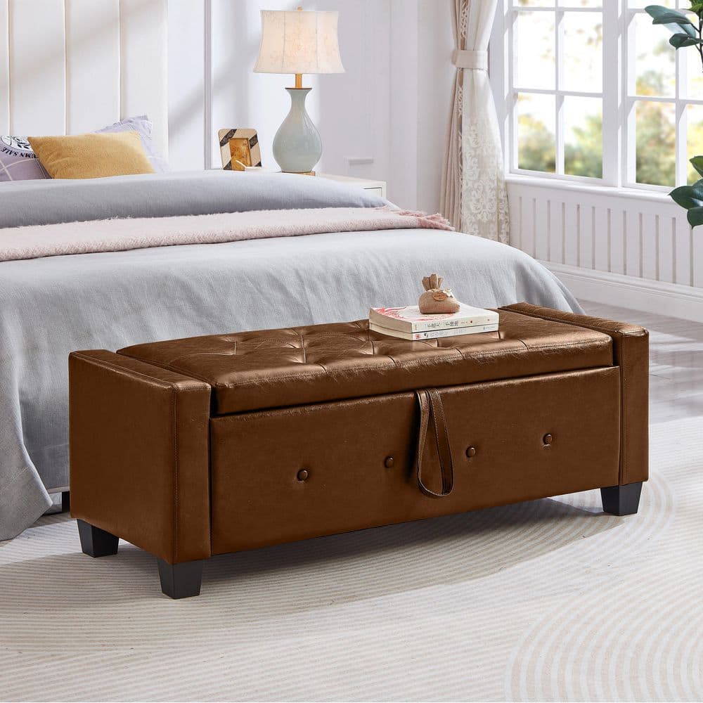 Seafuloy 48 in. Brown Tufted Faux Leather End of Bed Bench with Storage ...