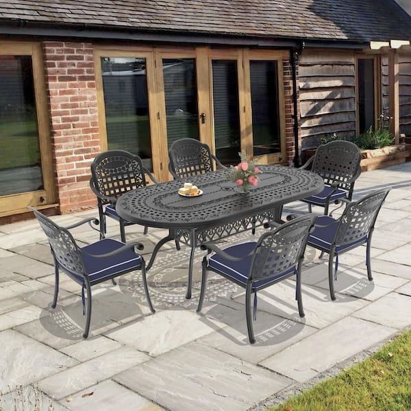 Willit Elizabeth 7-Piece Cast Aluminum Oval Outdoor Dining Set with ...