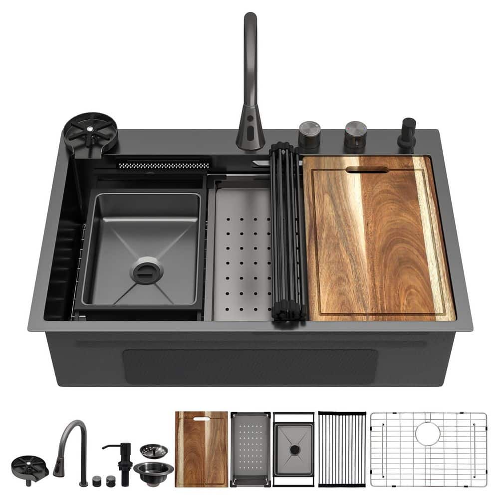 Fulorni 33 in. Drop-In Smart Dual-Outlet Waterfall Faucet Gunmetal ...