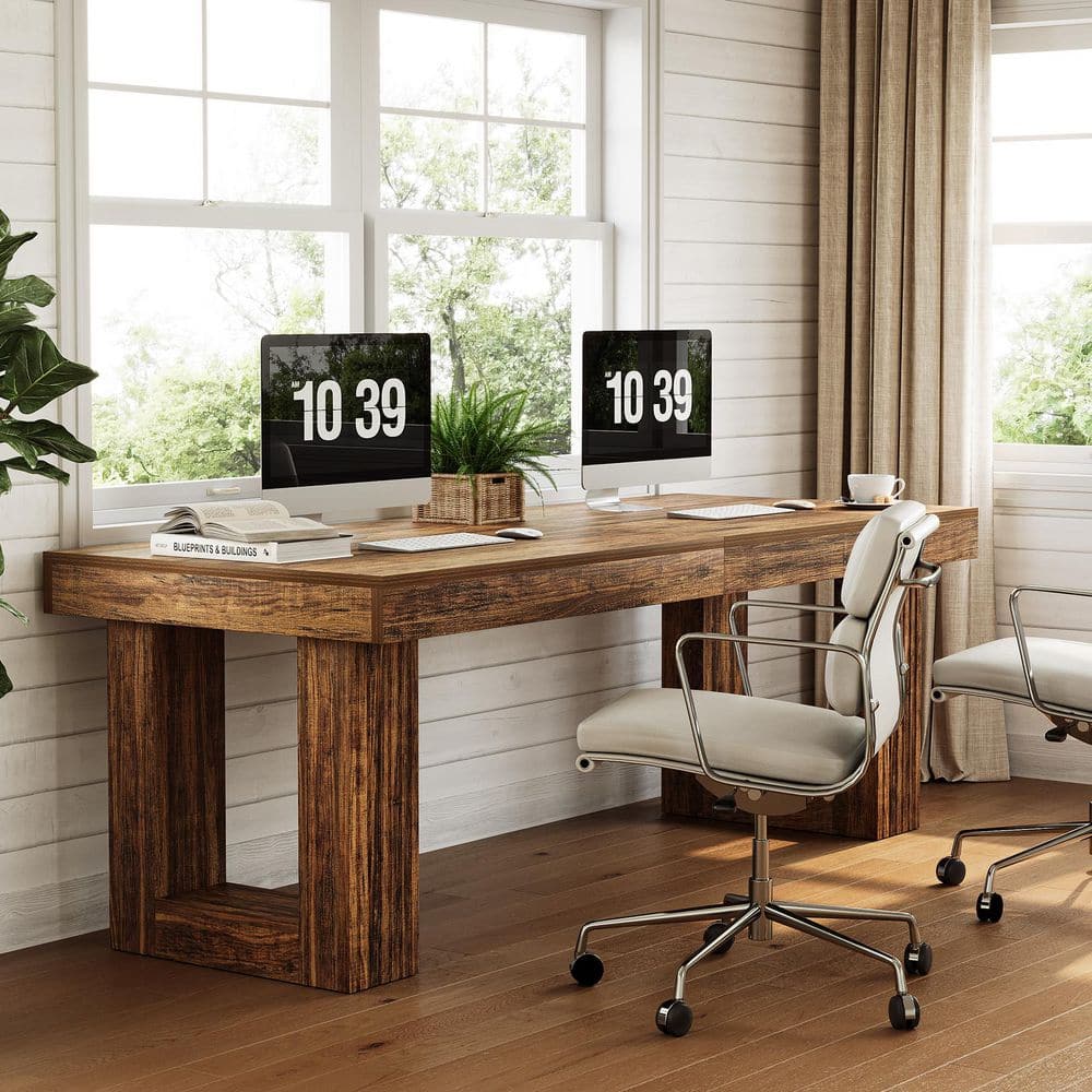 BYBLIGHT 86.6 in. Rectangular Brown Wood Desk, Extra-Long 2 Person Desk ...