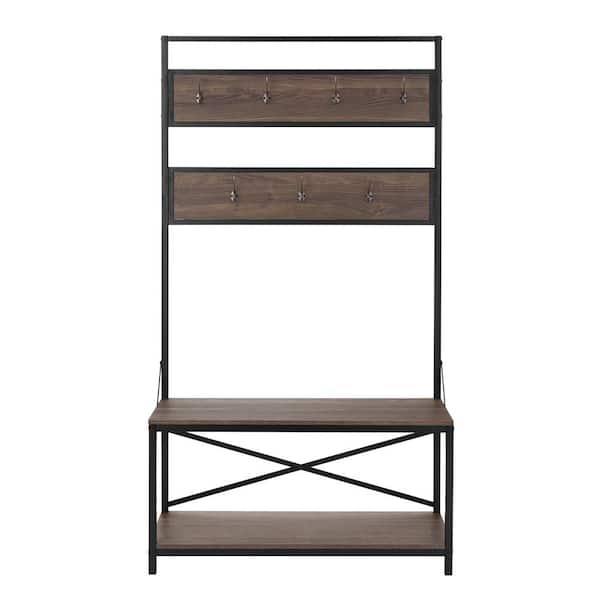 StyleWell Dark Oak Finish Wood Hall Tree with Hooks and Bench (40 in. W ...
