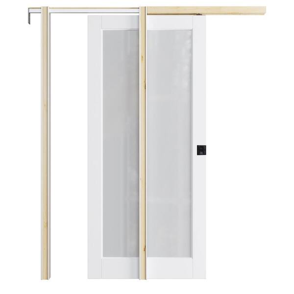 ARK DESIGN 36 in. x 96 in. 1/2 Glass White Primed Wood Sliding Pocket ...