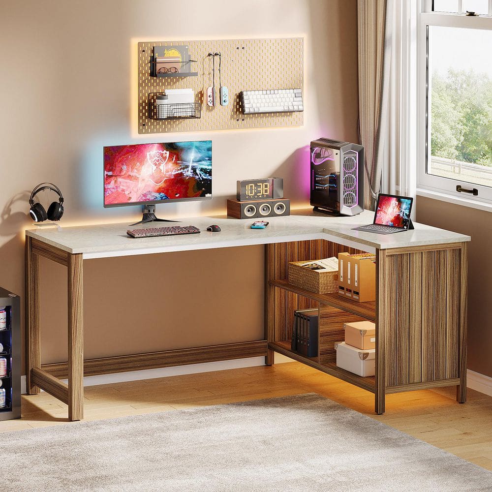 BYBLIGHT Moronia 57 in. Rectangle Brown Wood L-Shaped Executive Desk ...