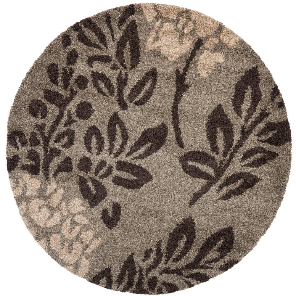 SAFAVIEH Florida Shag Smoke/Dark Brown 7 ft. x 7 ft. Round Floral Area ...