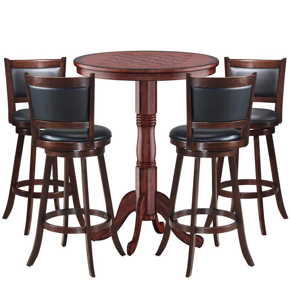 Costway 5-Piece 30 in. Round Wood Top Bar Table and 4-Piece Swivel Bar ...