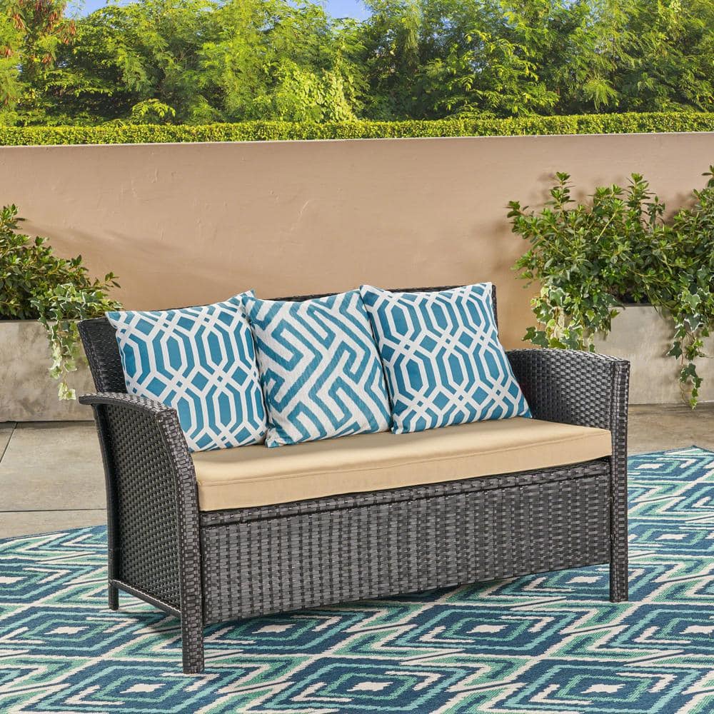 Noble House St. Lucia Brown Wicker Outdoor Patio Loveseat with Tan ...