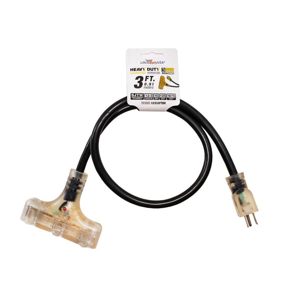 LifeSupplyUSA 3 ft. 12/3 3-Outlet SJTW 15 Amp 125-Volt 1875-Watt Indoor ...