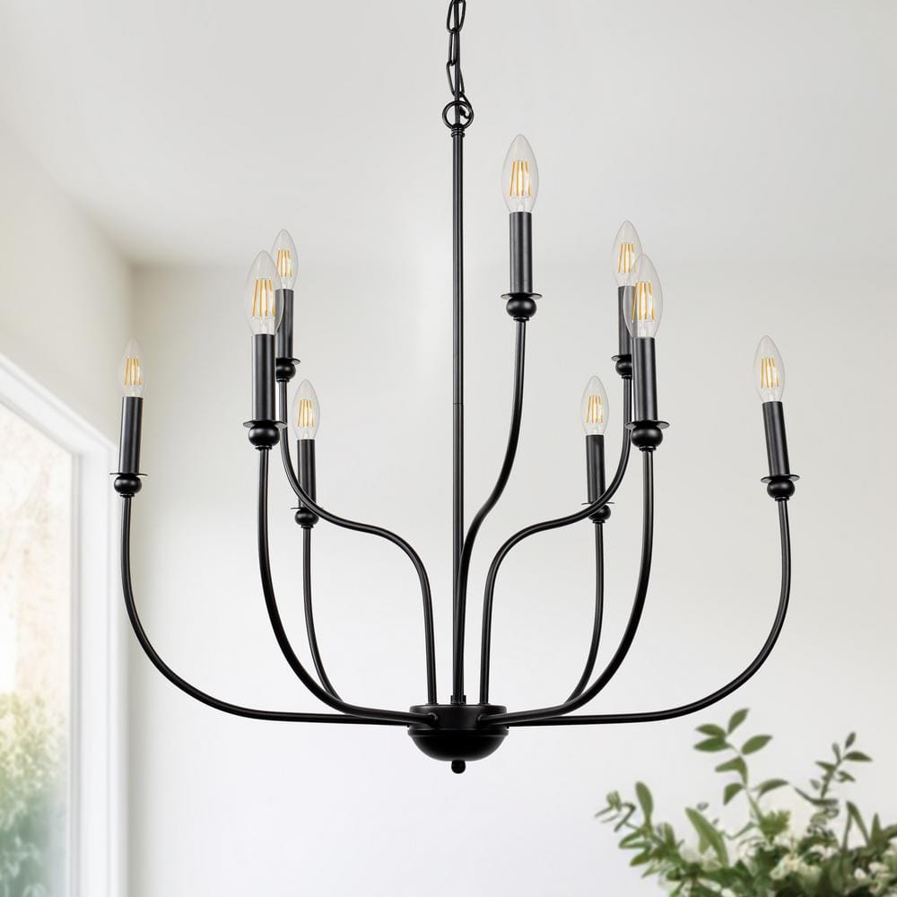 YANSUN 30 in. 9-Light Matte Black Candle Farmhouse Chandelier, Industrial Pendant Light for ...