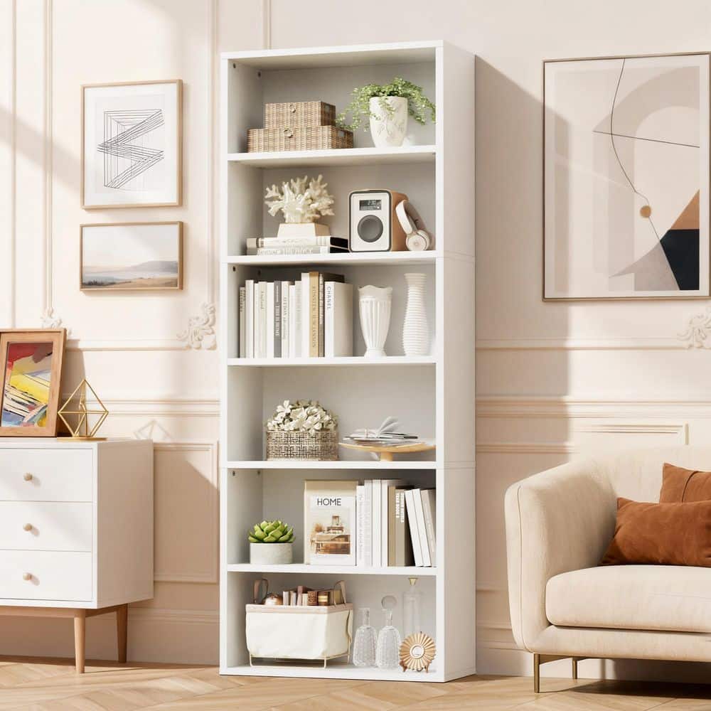 LACOO 70.8 in. Tall White Wood 6-Shelf Standard Bookcase, Floor ...