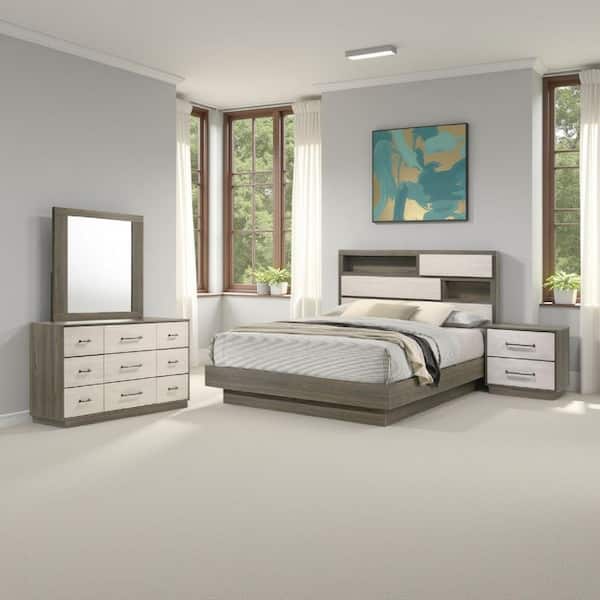 Benjara Fene 4-Piece Oak Gray Wood Queen Size Bedroom Set with Bookcase ...
