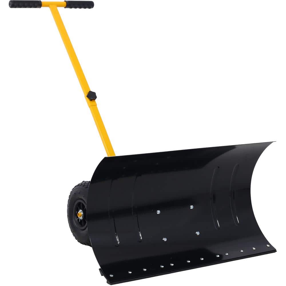 Yellow 47 in. Steel Handle Steel Snow Shovel Snow Pusher with Wheels ...
