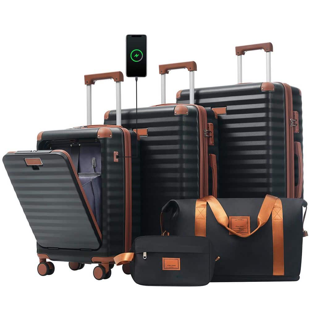 Merax 5 Bags 5-Piece Black Brown Expandable ABS Hardside Luggage Set ...