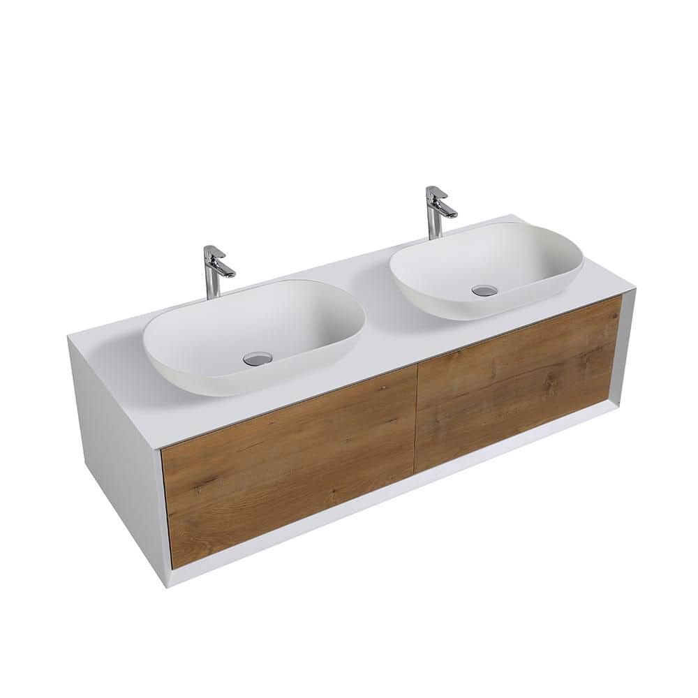 Afhocomp 55.12 in. Double Sink Floating F. Oak Bath Vanity with White ...