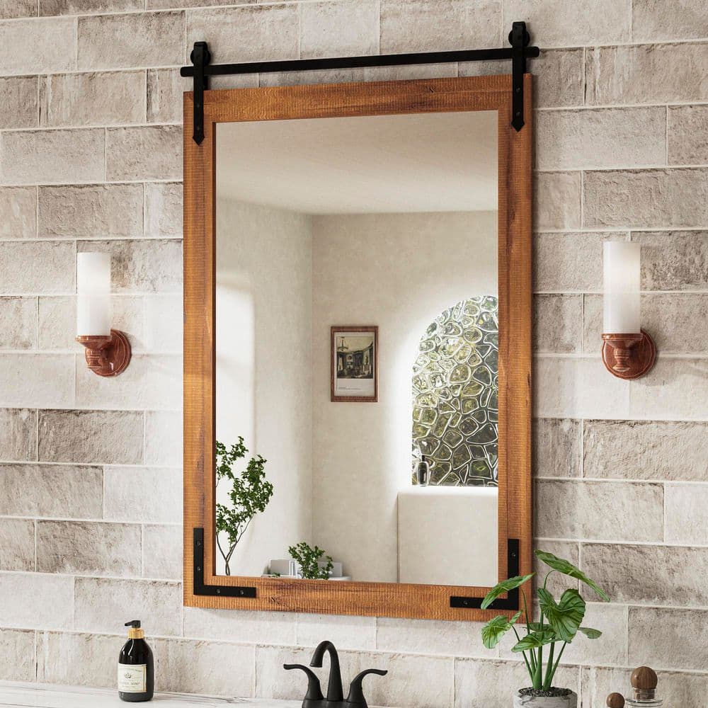 KeonJinn 26 in. W x 40 in. H Rectangular Barn Door Brown Mirrors Wood ...