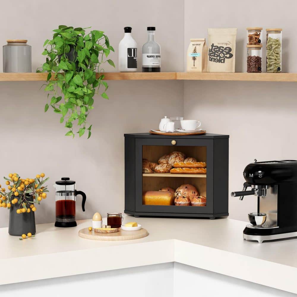 Wudkey 1 Piece Black Corner Bread Box for Homemade Bread, Two Layer ...
