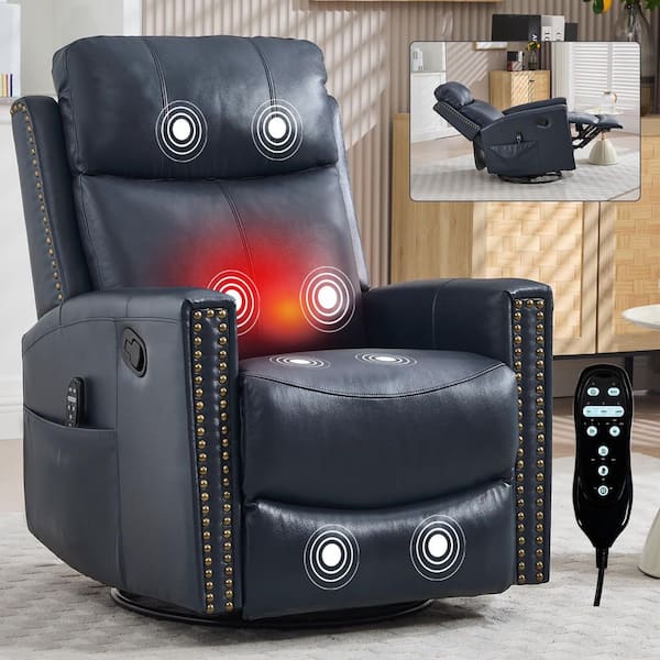 aisword Blue Genuine Leather Manual Swivel Recliner Rocker Chair with ...