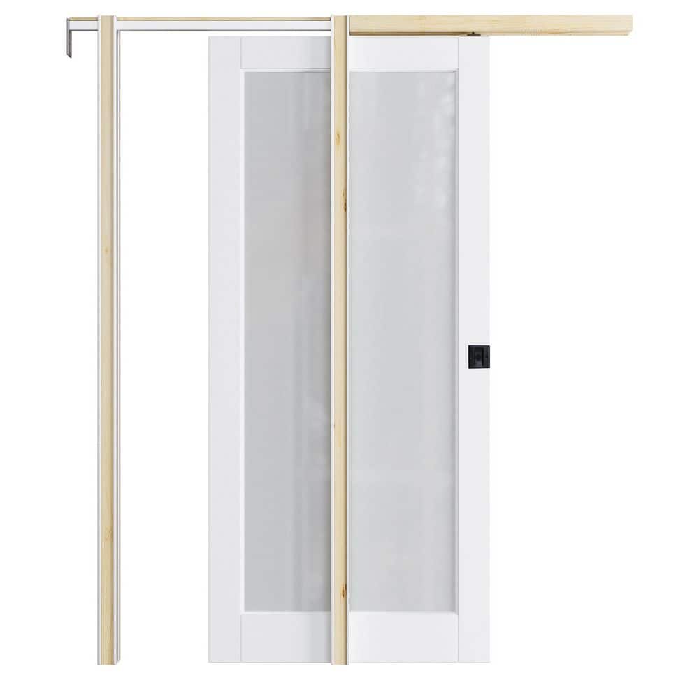 ARK DESIGN 34 in. x 80 in. 1-Lite Frosted Glass Primed White Pocket ...
