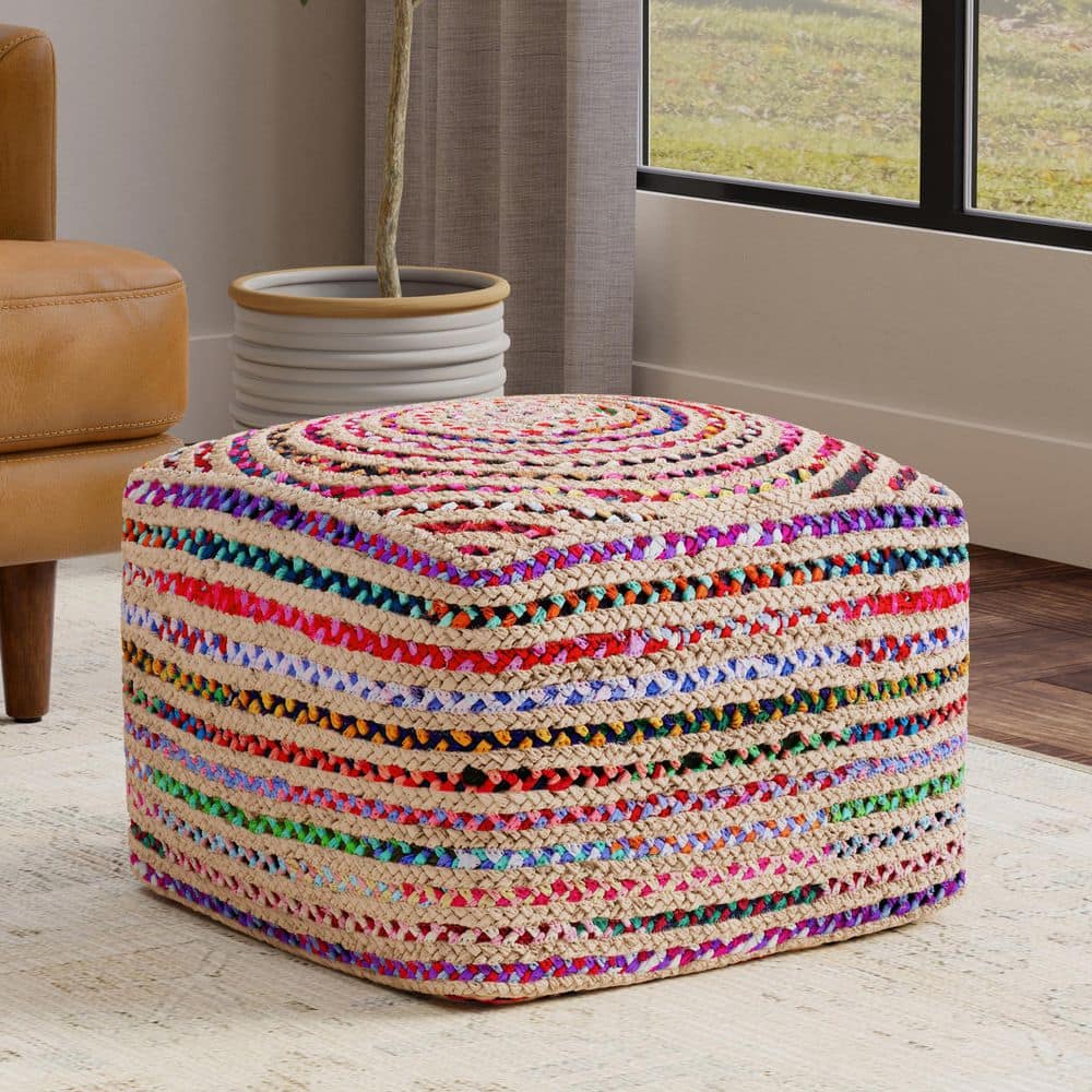 Simpli Home Margo Multicolor Natural Jute/Cotton Chindi Square 20 in. Boho Pouf, Assembled AXCPF ...