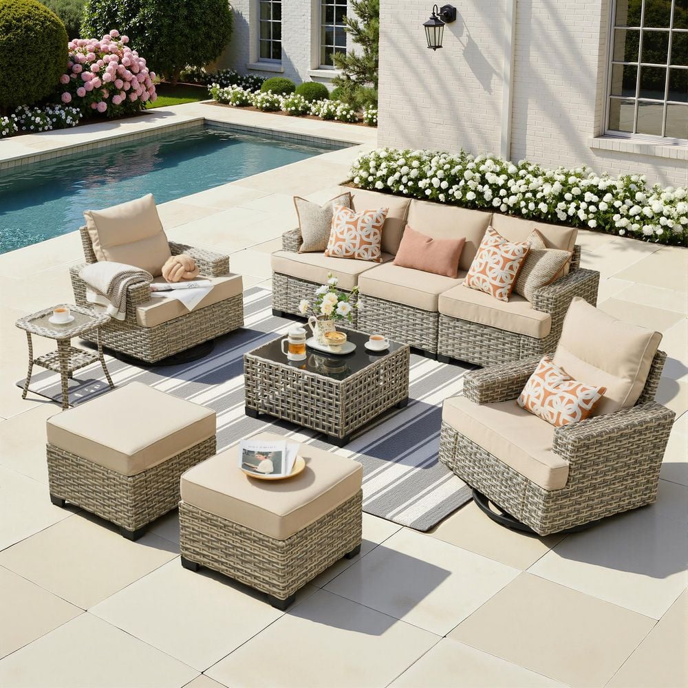 HOOOWOOO Merritt 9-Piece Wicker Outdoor Furniture Patio Conversation ...