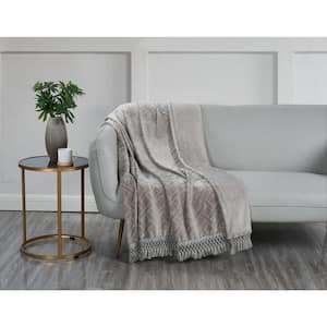 VIDERI HOME Diamond Fringe Plush Gray Throw Blanket and Pillow Gift Set ...