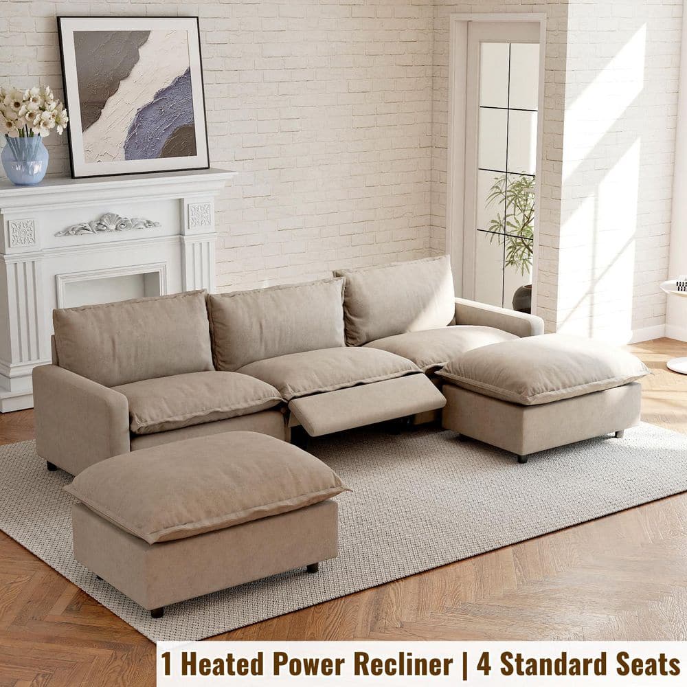Magic Home 116 in. Square Arm 5-Piece U-Shaped Khaki Linen Modular ...