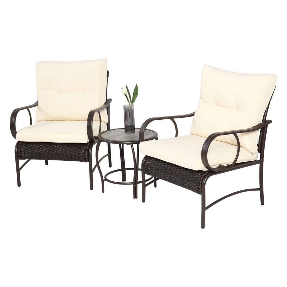 VAMOP 3-Piece Black Wicker Patio Conversation Set with White Cushions ...