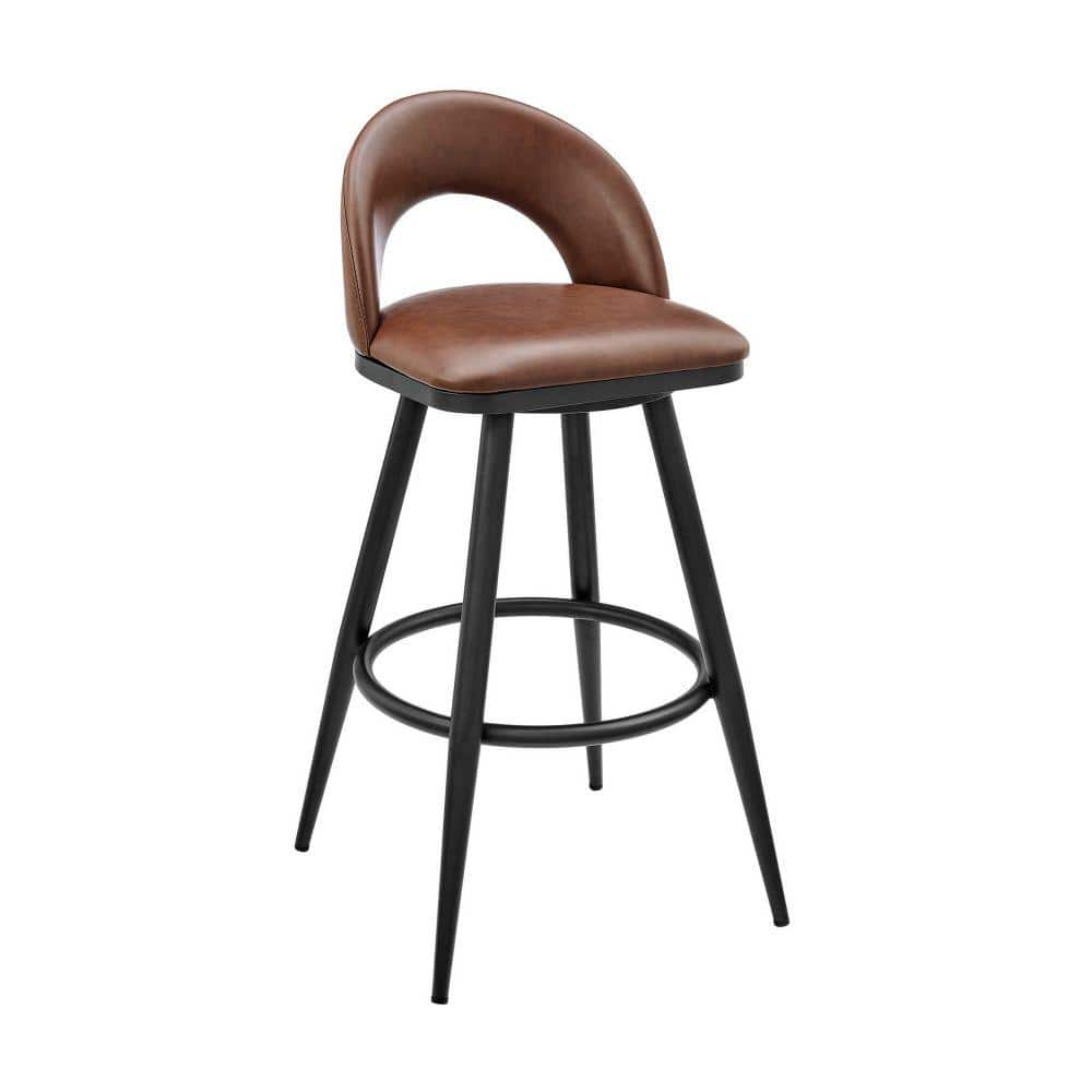 Benjara 33 in. Brown and Black Low Back Metal Frame Bar Stool with Faux ...