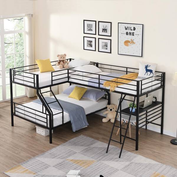 Qualler Black Twin Over Full Metal Bunk Bed With a Twin Size Loft Bed ...