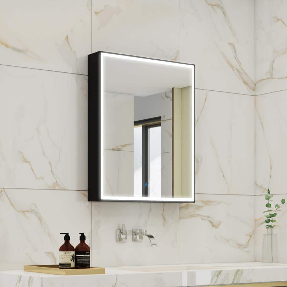 FORCLOVER 24 in. W x 30 in. H Rectangular Black Aluminum Recessed/Surface Mount LED Medicine ...