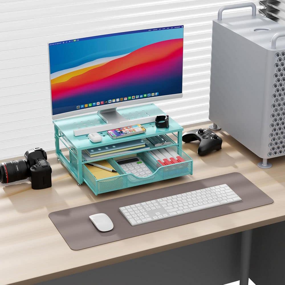 Blue 15.7 in. x 5.5 in. Metal Modern Desk Organizer Stand with Drawer ...