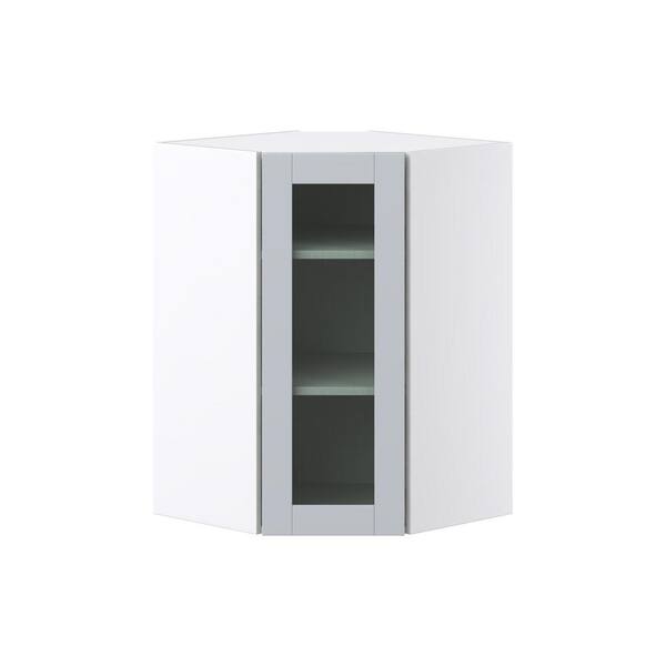 J Collection Cumberland Light Gray Glass Door Assembled Diagonal Corner Wall Kitchen Cabinet 24 in. W x 35 in. H x 14 in. D