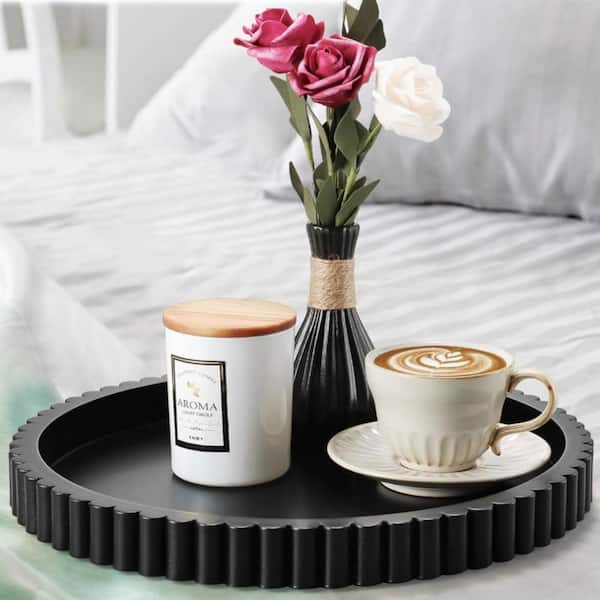 12 in Handmade Decorative Tray for Coffee Table Tray Decor, Black Wooden Decorative Round Tray ...