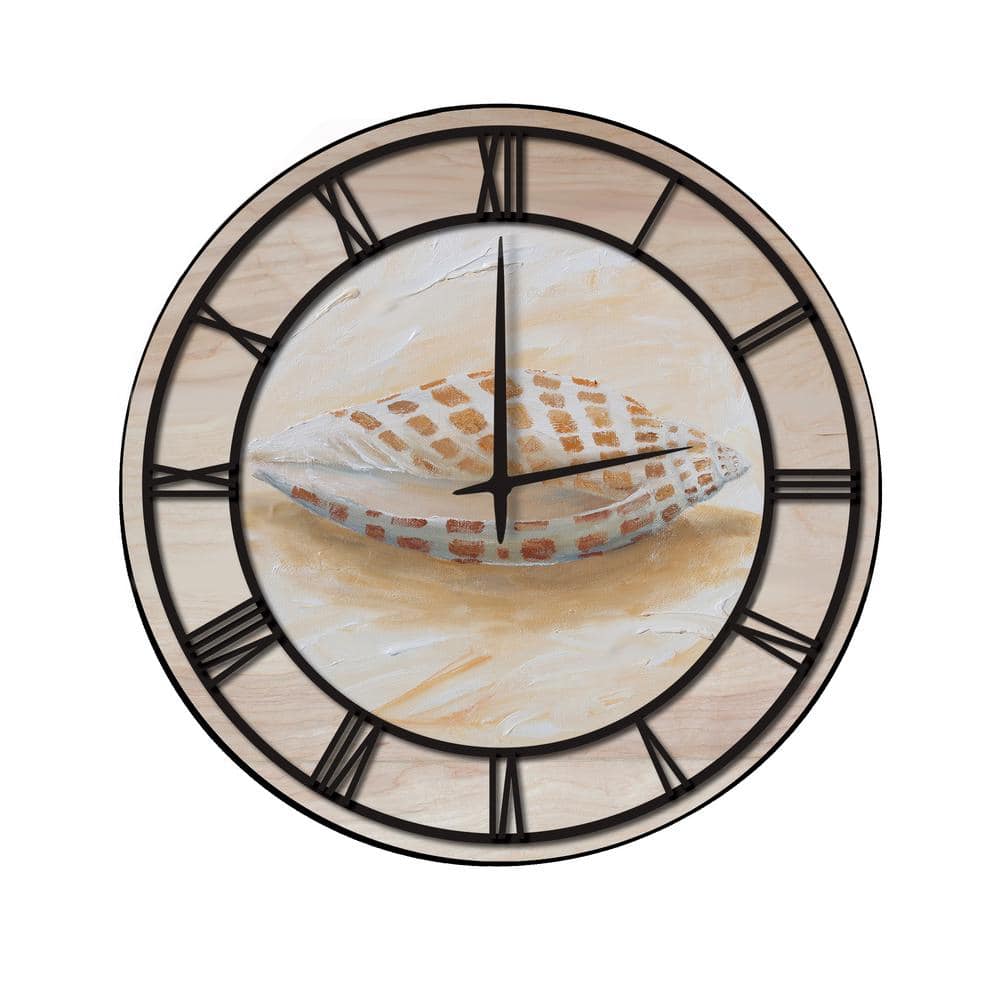 "Sea Shell #4" Woodgrain Accent and Black Numbers Imaged Wall Clock CL ...
