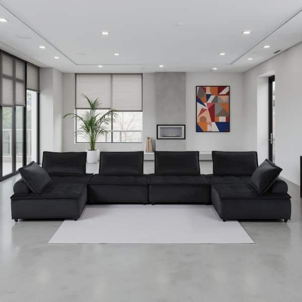 Benjara Alaya 160 in. Armless Velvet U-Shaped Pillow Back Sofa in Black ...