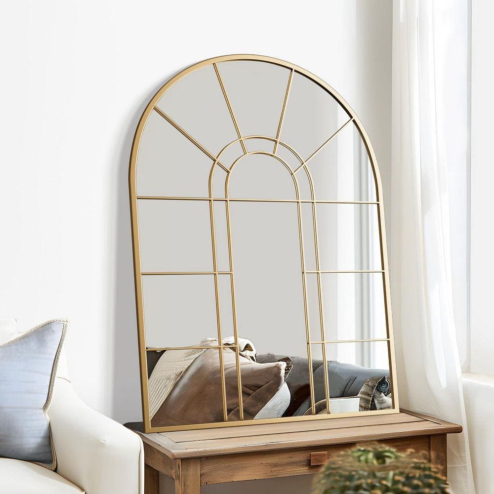 Wooakway 28 in. W x 41 in. H Gold Metal Window Pane Mirror Ornate ...