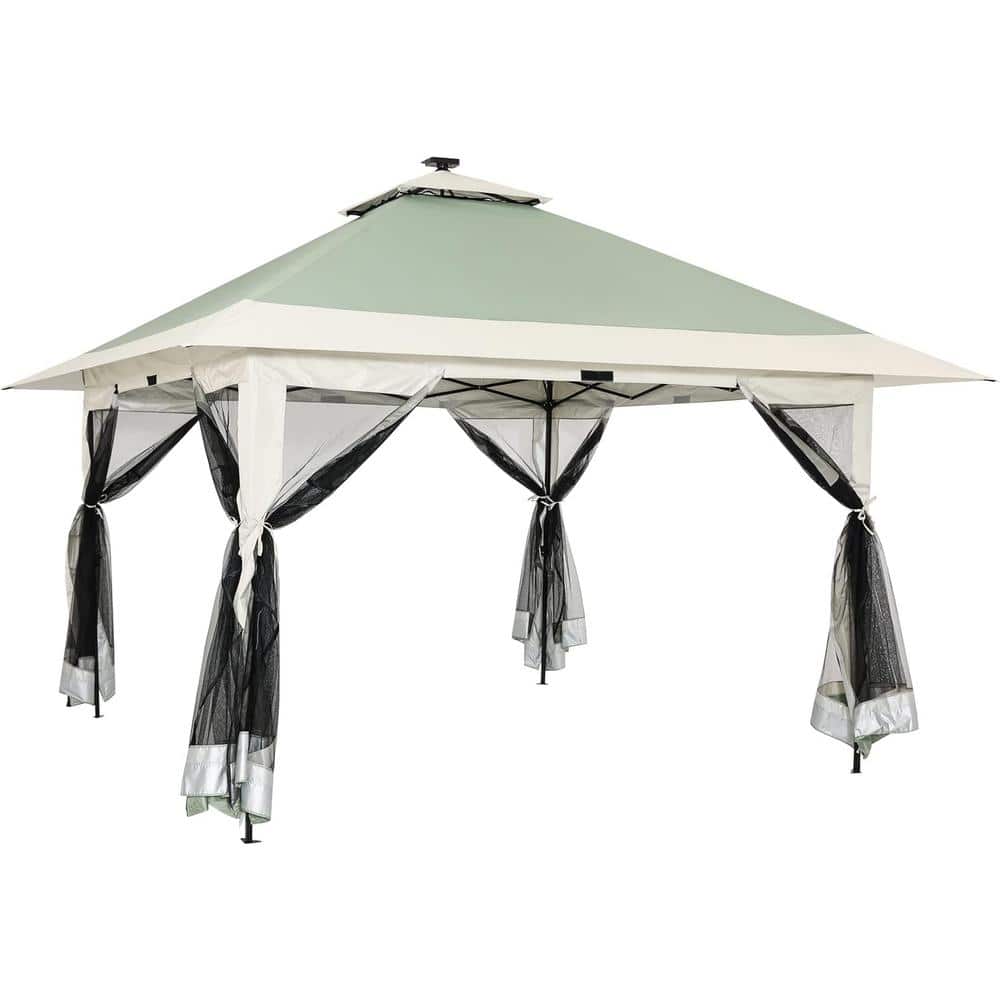 Cesicia 13 ft. x 13 ft. Green Pop Up Gazebo Canopy Tent with Solar LED ...