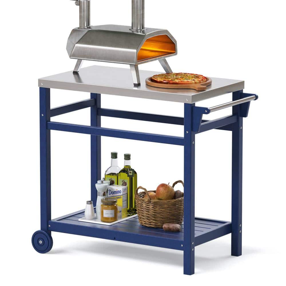 34 in. Outdoor Grill Cart with Double-Shelf BBQ Movable Food Prep Table ...
