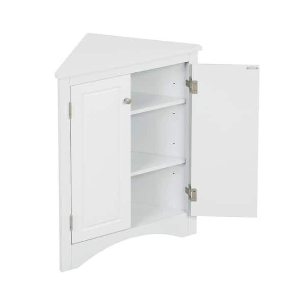 Classic White Wood Storage Cabinet Vintage Triangle Corner Floor Cabinet with Shelf and Doors for Bathroom Living Room