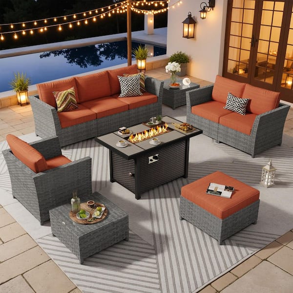 XIZZI Alpenrose 10 Pieces Wicker Outdoor Patio Rectangular Fire Pit Set ...
