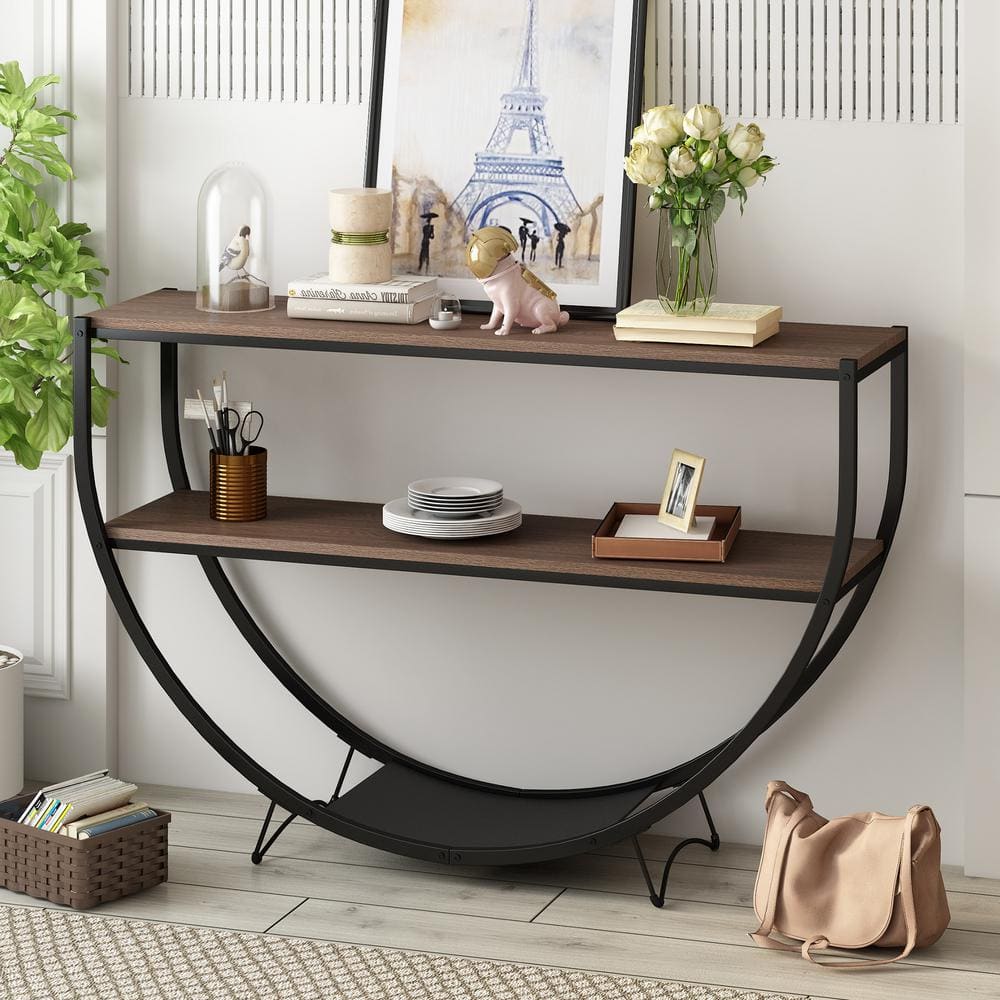 Nestfair 48 in. Dark Brown Demilune Shape Half-Moon Wood Top Console ...