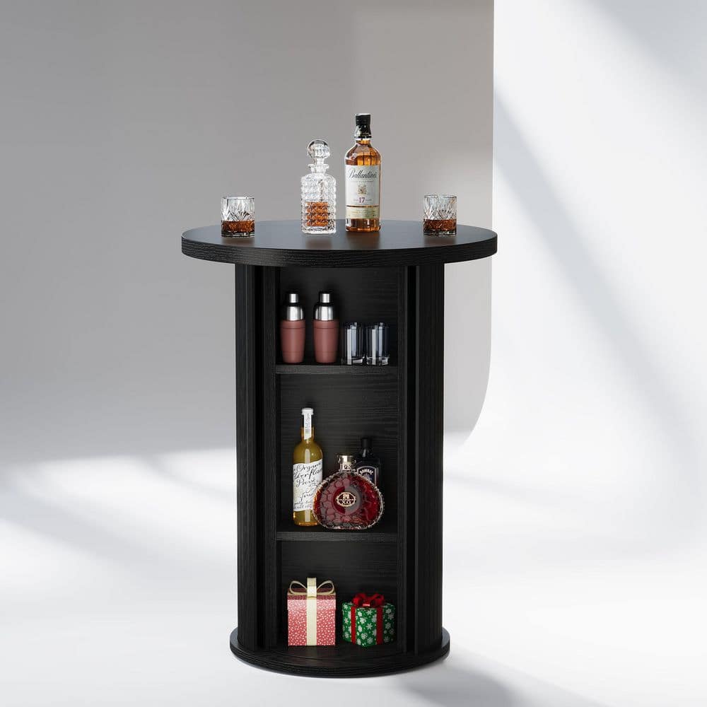 BYBLIGHT Kearsten Wooden Round Bar Table with 3-Tier Hidden Storage ...