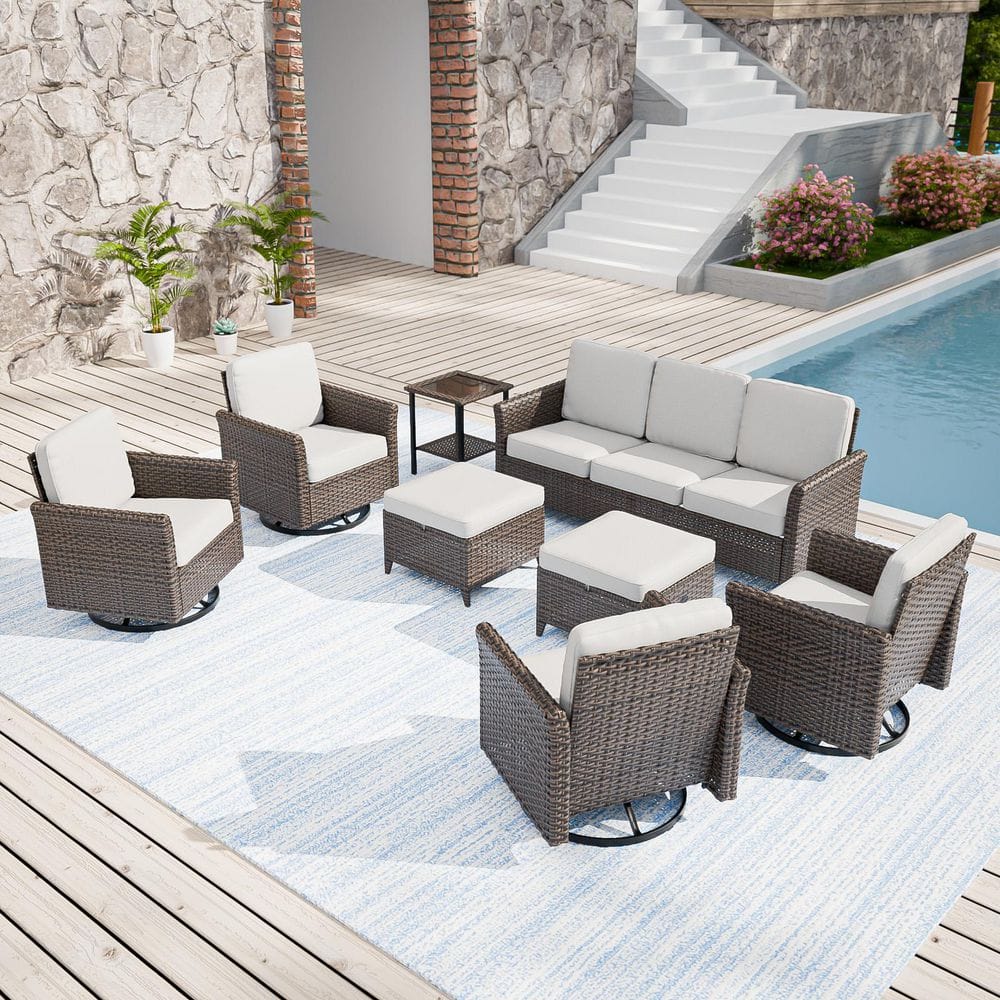 COOS BAY Brown Rattan Wicker 8-piece Outdoor Patio Conversation Set with Beige Cushions, Side ...
