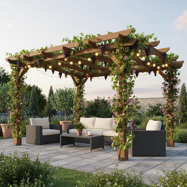 8 ft. x 10 ft. Wood Outdoor Gazebo Grape Trellis Arched Design Pergola ...