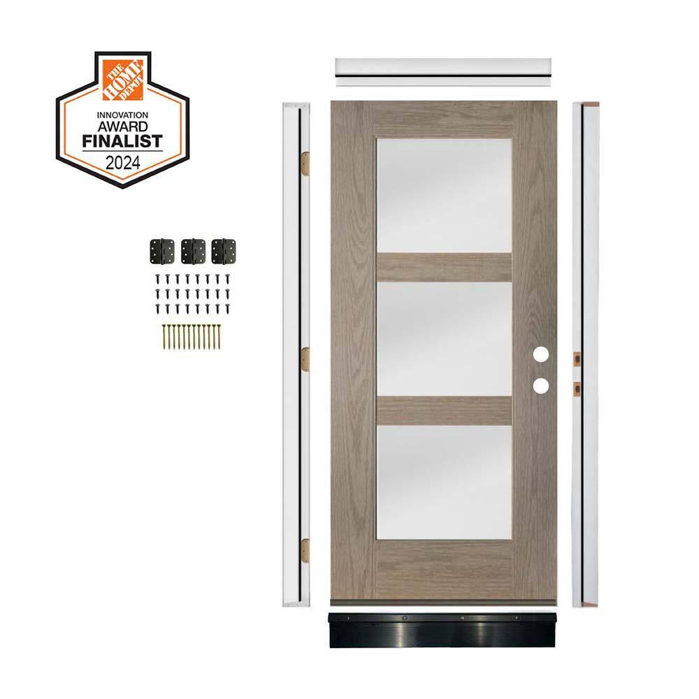 Krosswood Doors DIY RTA Kit Modern 36" x 79" 3-Lite LH Inswing Frosted Glass Oiled Leather Stain ...