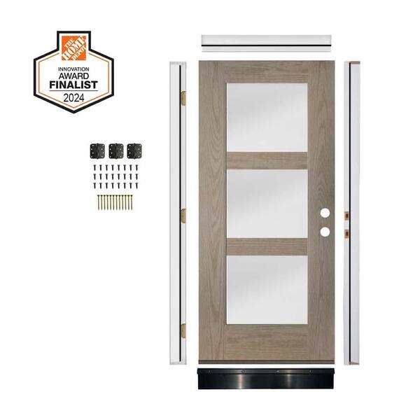 Krosswood Doors DIY RTA Kit Modern 36" x 79" 3-Lite LH Inswing Frosted Glass Oiled Leather Stain ...